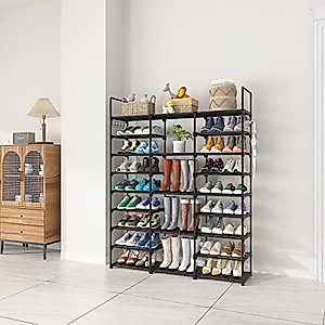 Caitlyn 9 Tiers Shoe Rack Storage Organizer Shoe Shelf Organizer for Entryway Holds 50-55 Pairs Shoe and Boots, Versatile Hooks Stackable Shoe Cabinet, Black