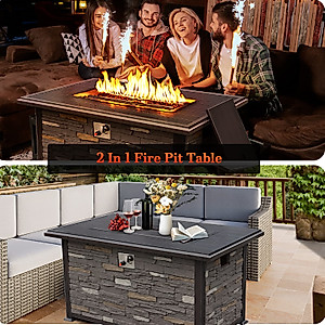 NOBLEMOOD 48 INCH Propane Fire Pit Outdoor Fire Table w/Faux Ledgestone Base, 50,000 BTU Gas Fire Pit Table w/Fire Pit Wind Guard, Aluminum Table Top & Waterproof Cover, CSA Certification