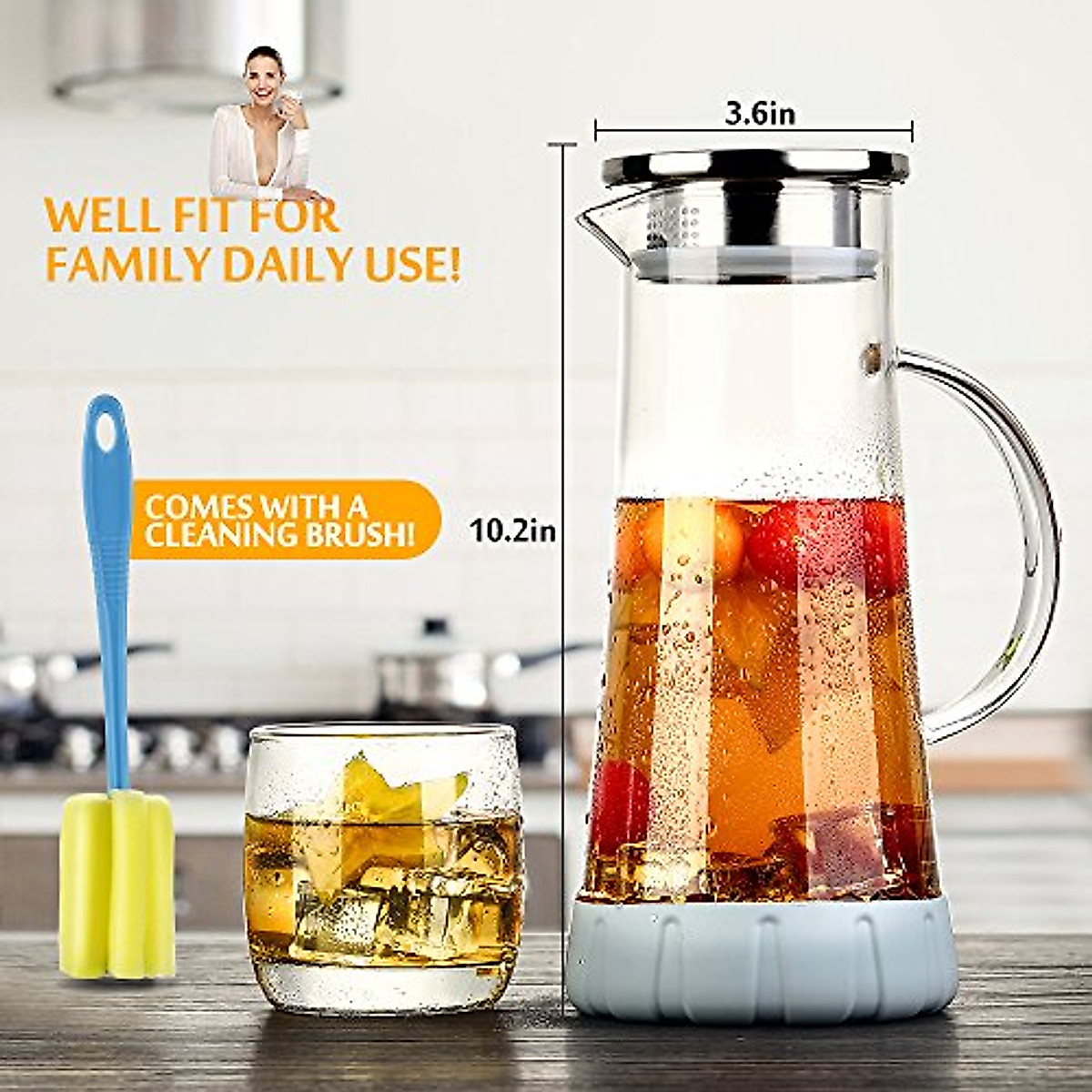 BOQO Glass Water Pitcher,50 Oz Carafe with Lid,Glass Water Jug with Particular Coaster and Brush,Glass Water Jar