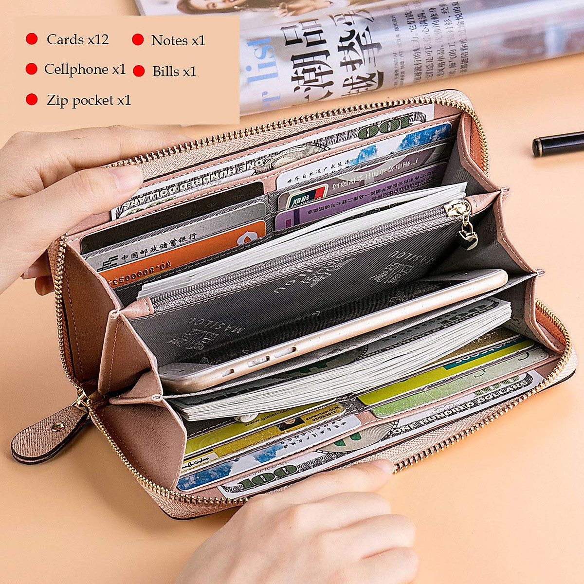 Wallet for Women Wristlet Large Cell Phone Wallet Case Pocket Long Card Holder Coin Purse Bifold RFID Blocking Zipper Clutch Handbag Leather Travel Evening Bag Gifts for Girls Ladies (Black 01)