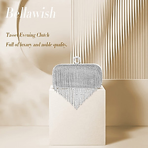 Bellawish Silver Clutch Purse for Women Evening Wedding Rhinestone Fringe Purse Women'S Evening Handbags for Party Prom Disco Club Cocktail