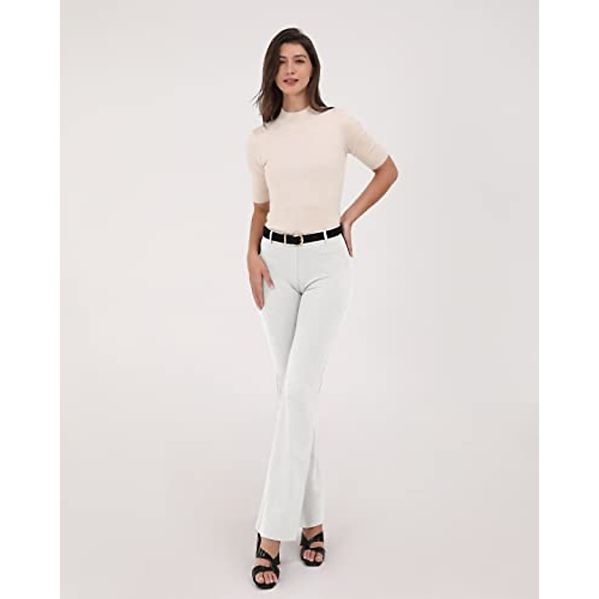 ODODOS Boot-Cut I Classic Dress Pants for Women, Faux Pockets Ponte Casual Work Pants-31 Inseam, Heather White, Large