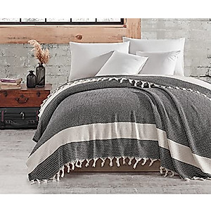 Aegean Concept - 100% Organic Cotton Turkish Throw Blanket ; 90" x 63" (230 cm x 160 cm) Twin Size Modern Boho Rustic Bedspread for Chair, Bed or Couch | Indoor or Outdoor Cozy Hand Woven-Black