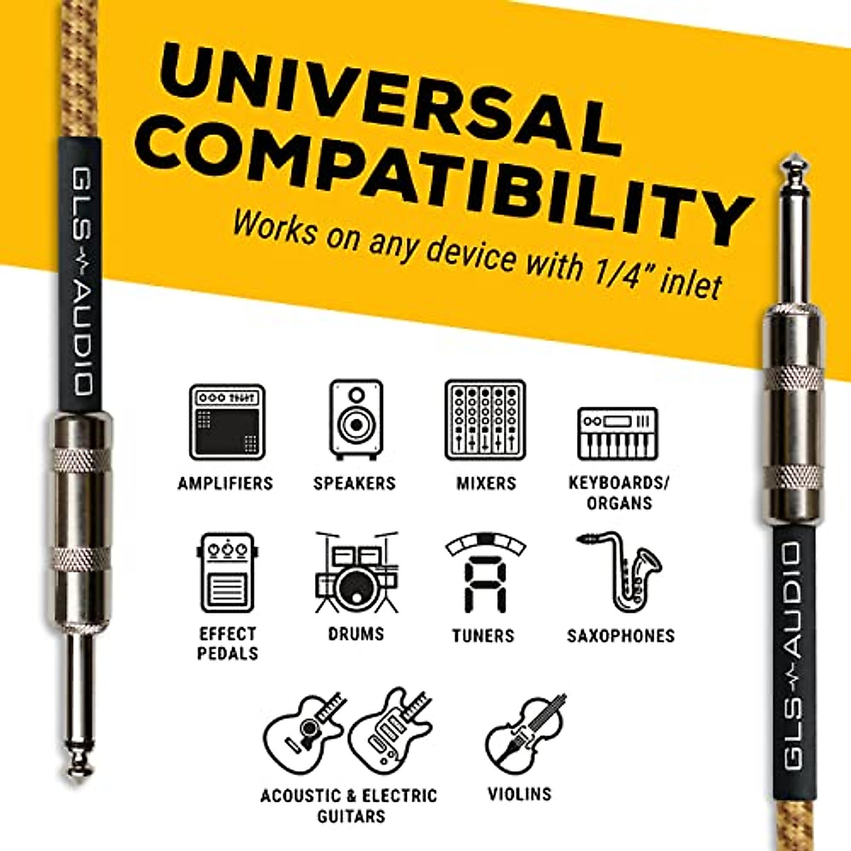 GLS Audio Instrument Cable - 1/4 Inch TS to 1/4 Inch Instrument Cable for Bass/Electric Guitar- Brown/Yellow Braided Tweed, 15ft