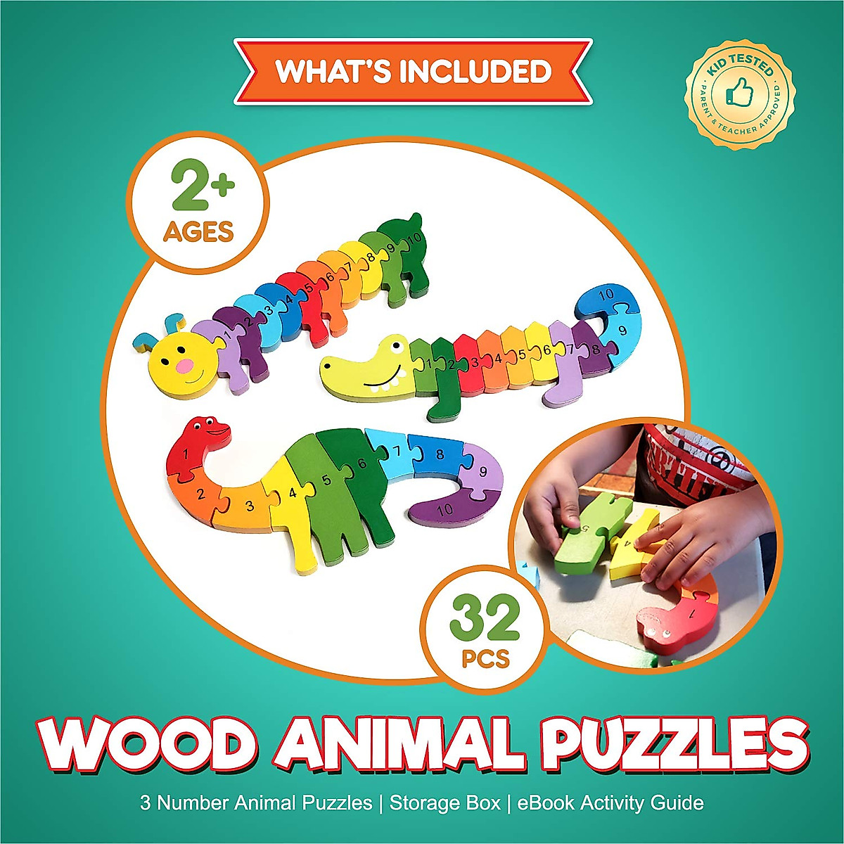 Animal Wooden Puzzles for Toddlers - Colors and Counting Building Toys and Toddler Games | Montessori Toys Wood Blocks with Storage Box and Learning Activities eBook - 3 Piece