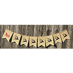 Santa's Sleigh & 7 Reindeer Burlap Banner - Ready to Hang Holiday Decor - Festive Christmas Seasonal Winter Decoration - Santa Sleigh Xmas Party Decorations - Santas Sleigh Garland by Jolly Jon