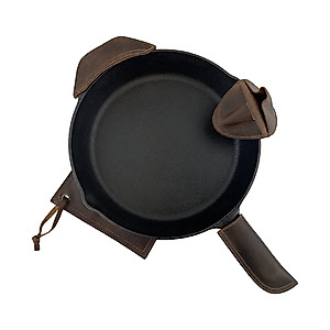 Hide & Drink, Set of 4 Hot Handle Holders, Panhandle, Side Kick, Grip Mitt & Square Pot Holder for Cast Iron Skillets & Pans, Full Grain Leather, Handmade, Bourbon Brown