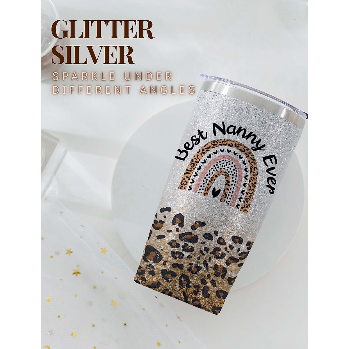 Onebttl Nanny Gifts from Granddaughter, Grandson, Insulated Stainless Steel Wine Tumbler with Lid and Straw, for Grandma on Mother's Day, Birthday, Christmas, Best Nanny Ever, Glitter Silver, 20 oz