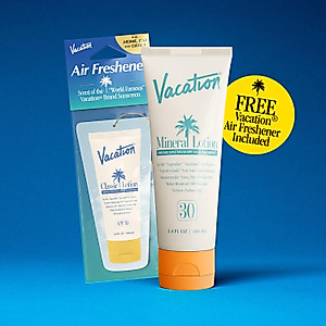 Vacation Mineral Lotion Sunscreen SPF 30 & Air Freshener Bundle, Non-Nano Zinc Oxide Formula, No White Cast, Water-Resistant, Dermatologist-Tested, Vegan, Travel Size, 3.4 Fl. Oz.