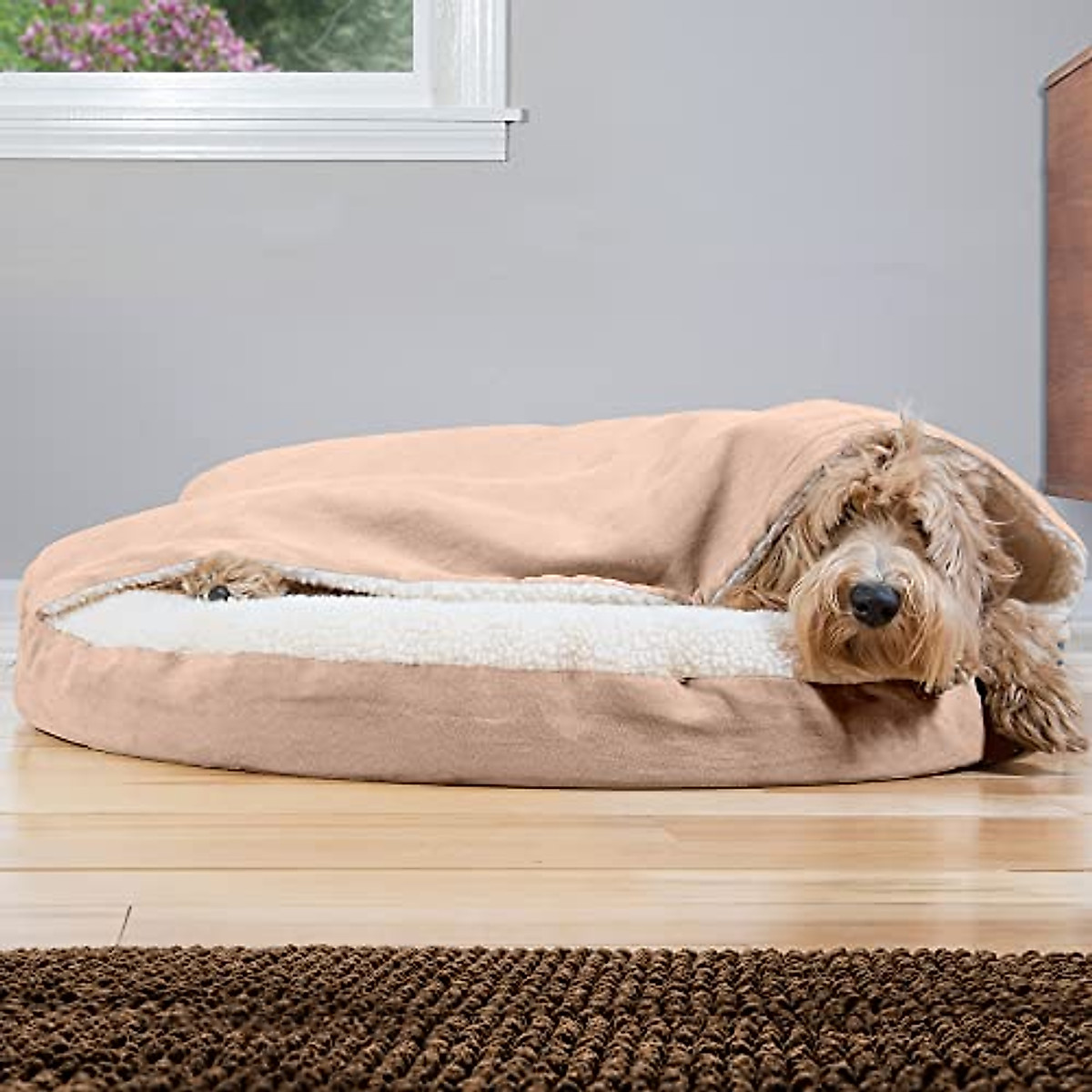 Furhaven 35" Round Orthopedic Dog Bed for Large/Medium Dogs w/ Removable Washable Cover, For Dogs Up to 50 lbs - Sherpa & Suede Snuggery - Cream, 35-inch