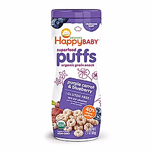 Happy Baby Organic Superfood Puffs Purple Carrot & Blueberry, 2.1 Ounce Canister Organic Baby or Toddler Snacks, Crunchy Fruit & Veggie Snack, Choline to Support Brain & Eye Health