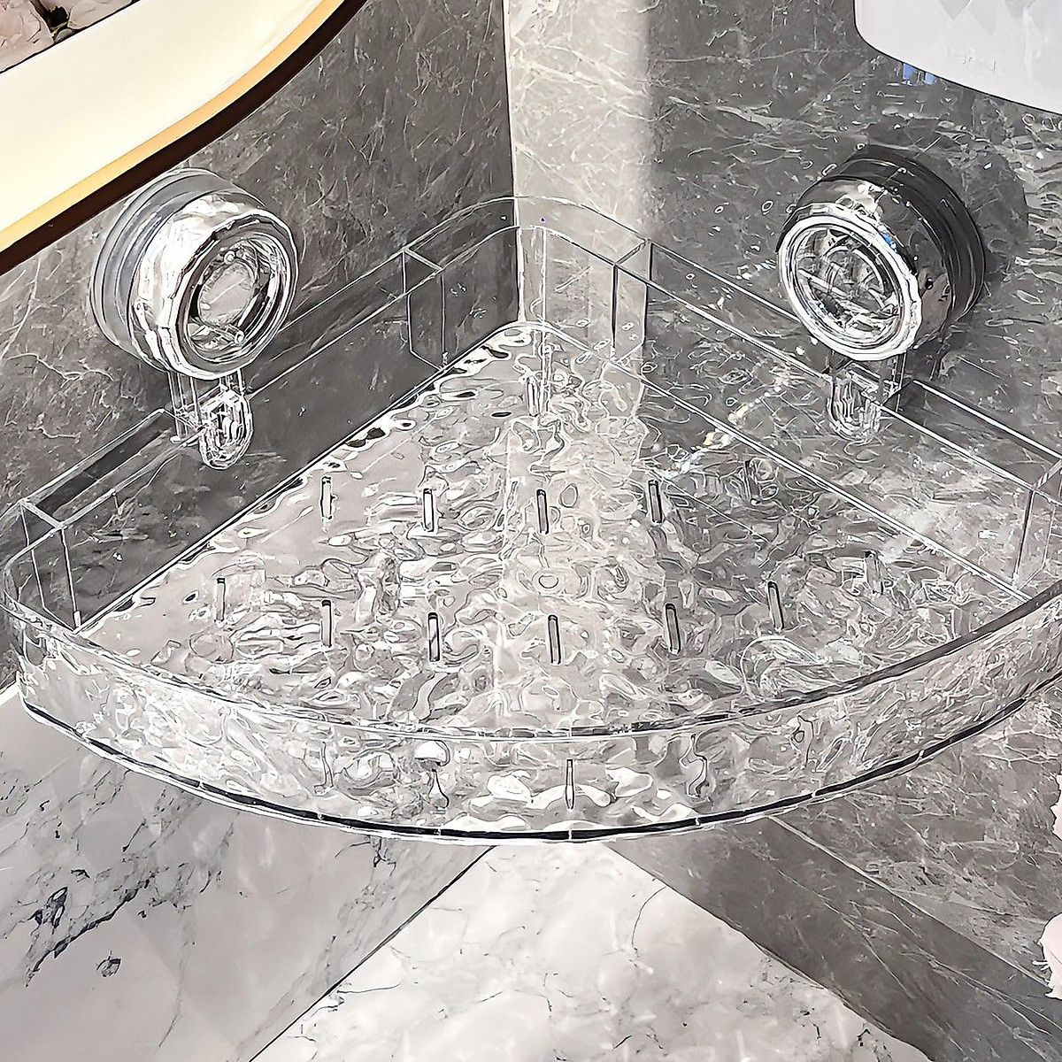 ehnoge No Drill Clear Wall Caddy, 2024 New Wall Mounted Organizer Shelf Light Luxury Style Glacier Pattern Suction Cup Shelf, Drill Free Removable Caddy Shower Organizer (Clear, Triangle)