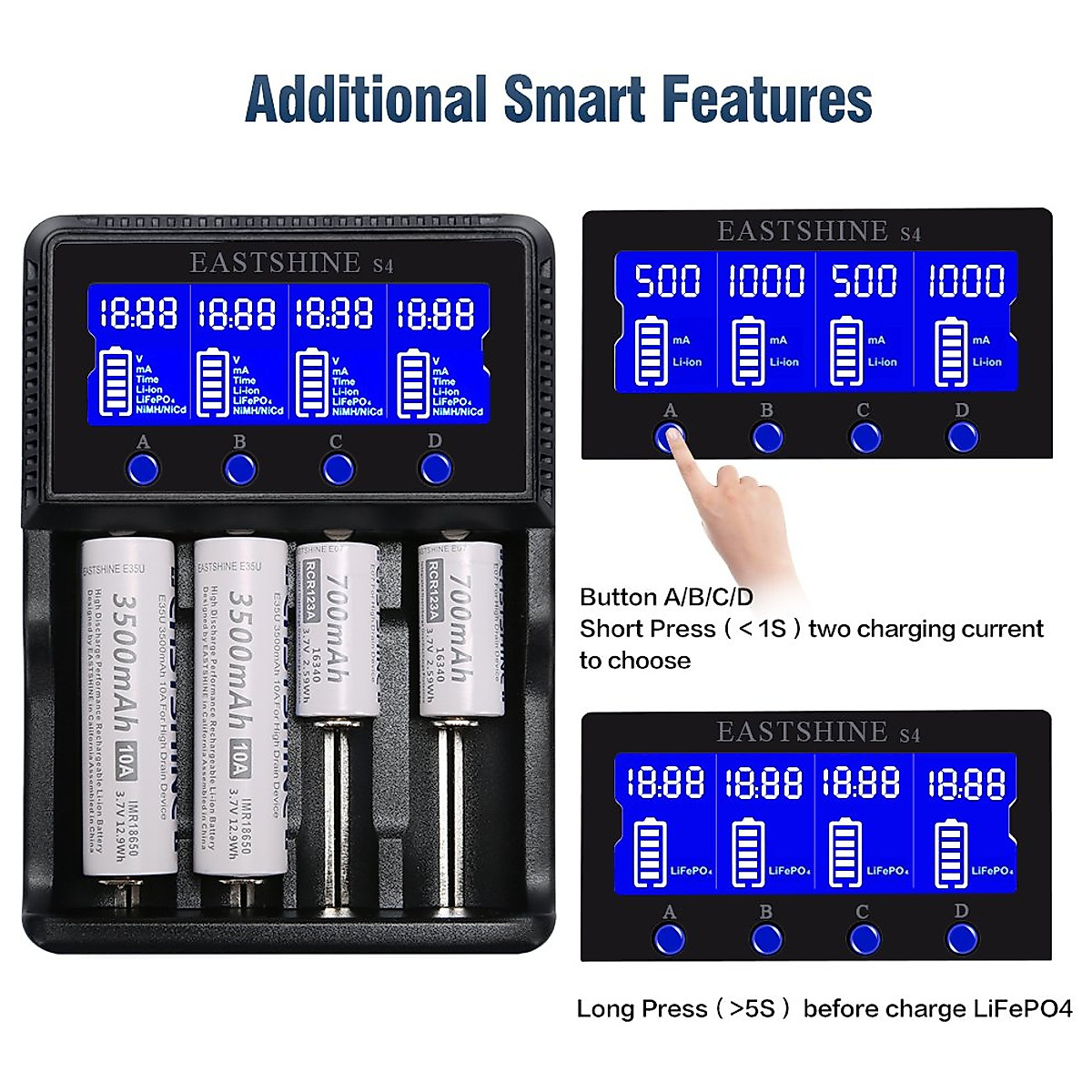 Universal Smart Battery Charger 4 Slots for Rechargeable Batteries 1.2V Ni-MH Ni-Cd AA AAA C 3.2V LiFePO4 3.7V Li-ion IMR 18650 26650 25500 16340 14500 18500 10440 18350 RCR123A LCD Display UL Listed