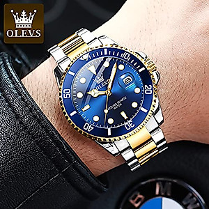 OLEVS Gold Stainless Steel Watch for Men Under 100, Blue,Waterproof, Big Face Dress Watches Men Date,Relojes De Hombre,Luminous Man Wristwatches, Male Diver Watch