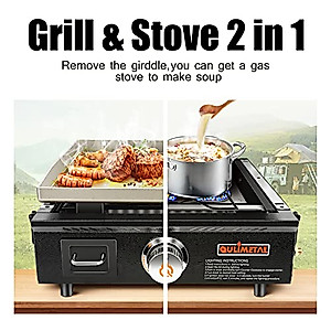 QuliMetal Portable Griddle Flat Top Grill 17 Inch Table Top Griddle Gas Grill Propane Grill with Carry Bag Outdoor Griddle Camping Griddle 15,000 BTU Burner 268 Sq Stainless Steel For Party Tailgating