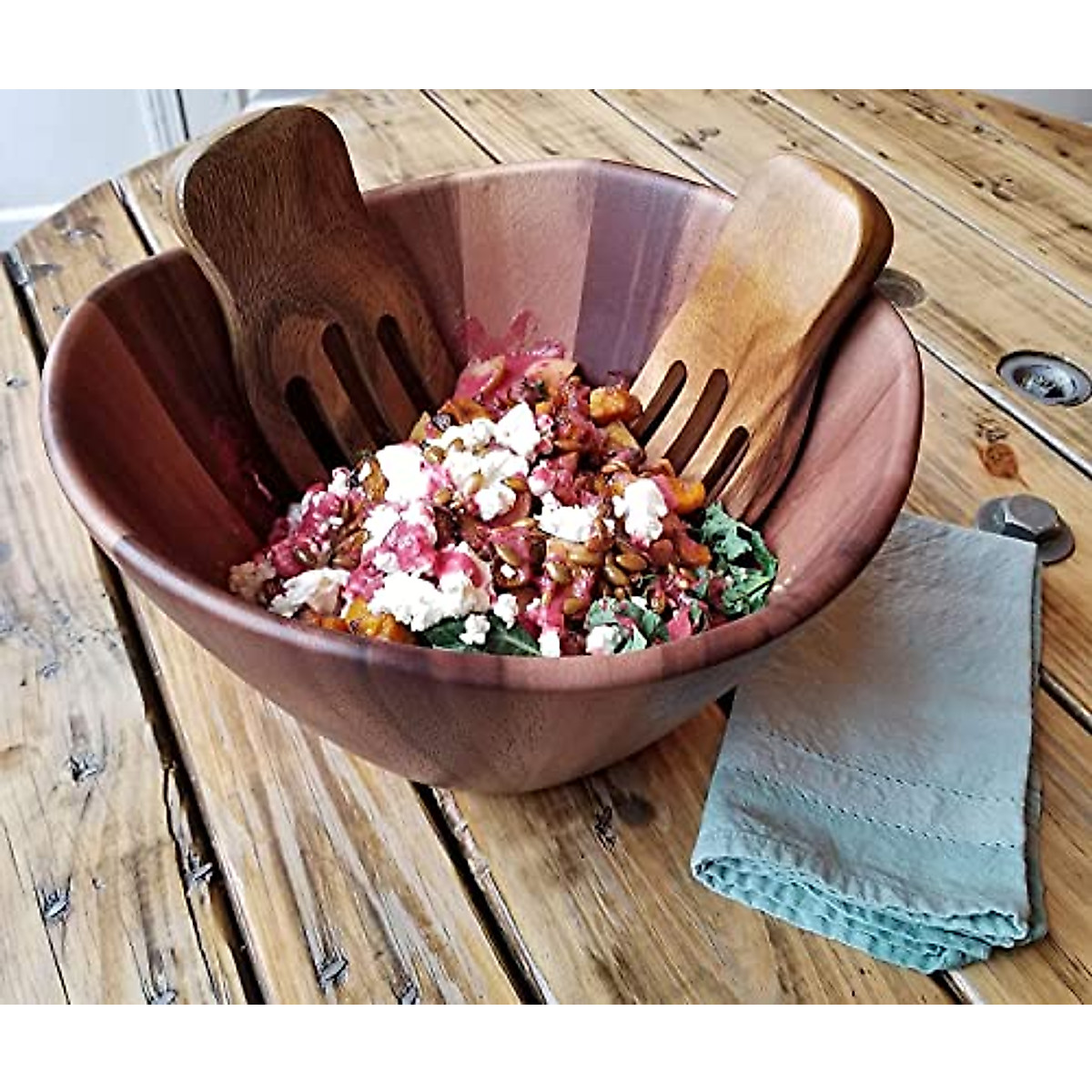 Lipper International Acacia Wave Bowl with Salad Hands,162.31 fluid ounce