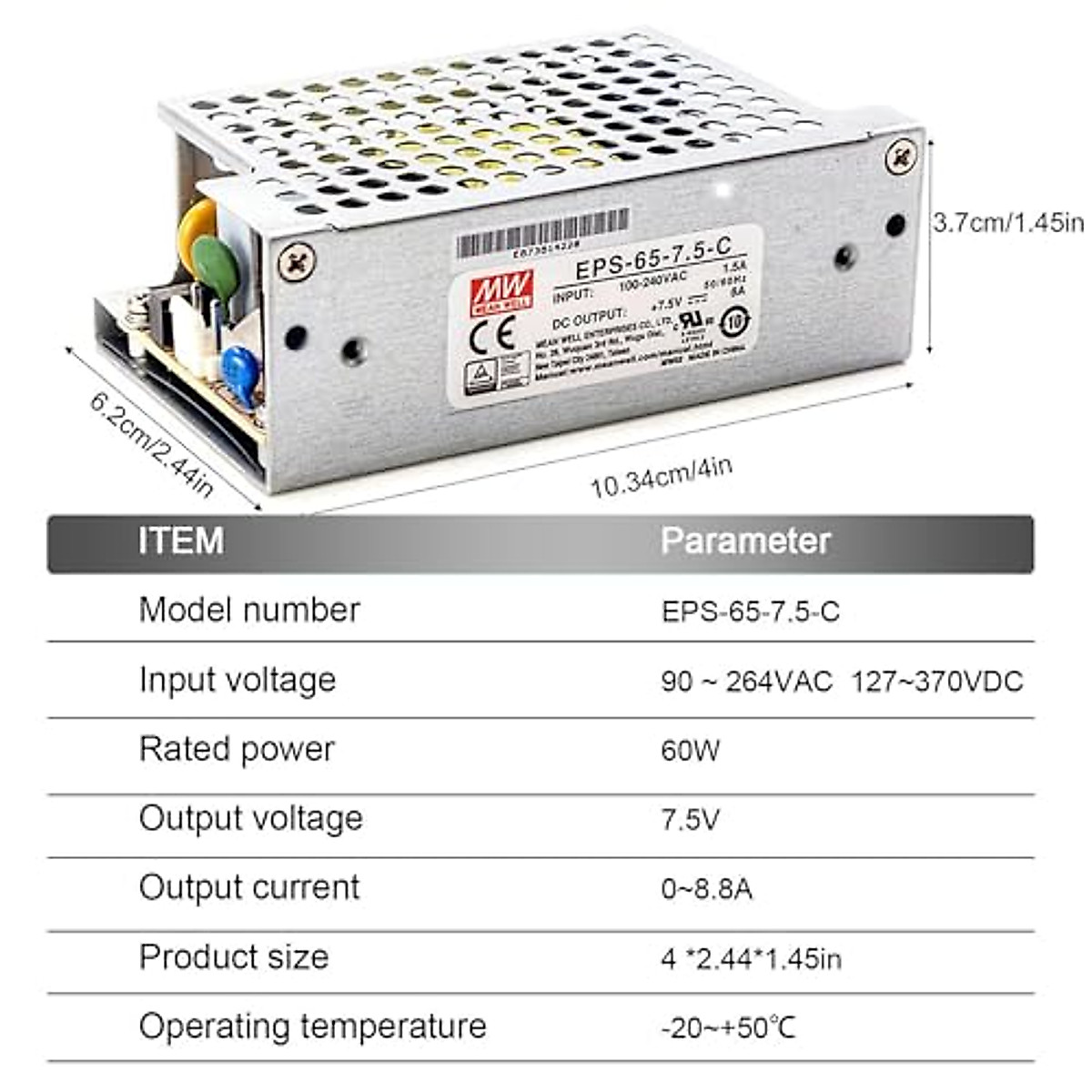 TorqCali EPS-65-7.5-C 65W Single Output Switching Power Supply 7.5V 8.68A, 84% Efficiency, Universal AC Input, Enclosed Type, for Robotics, Automation, and Industrial Applications