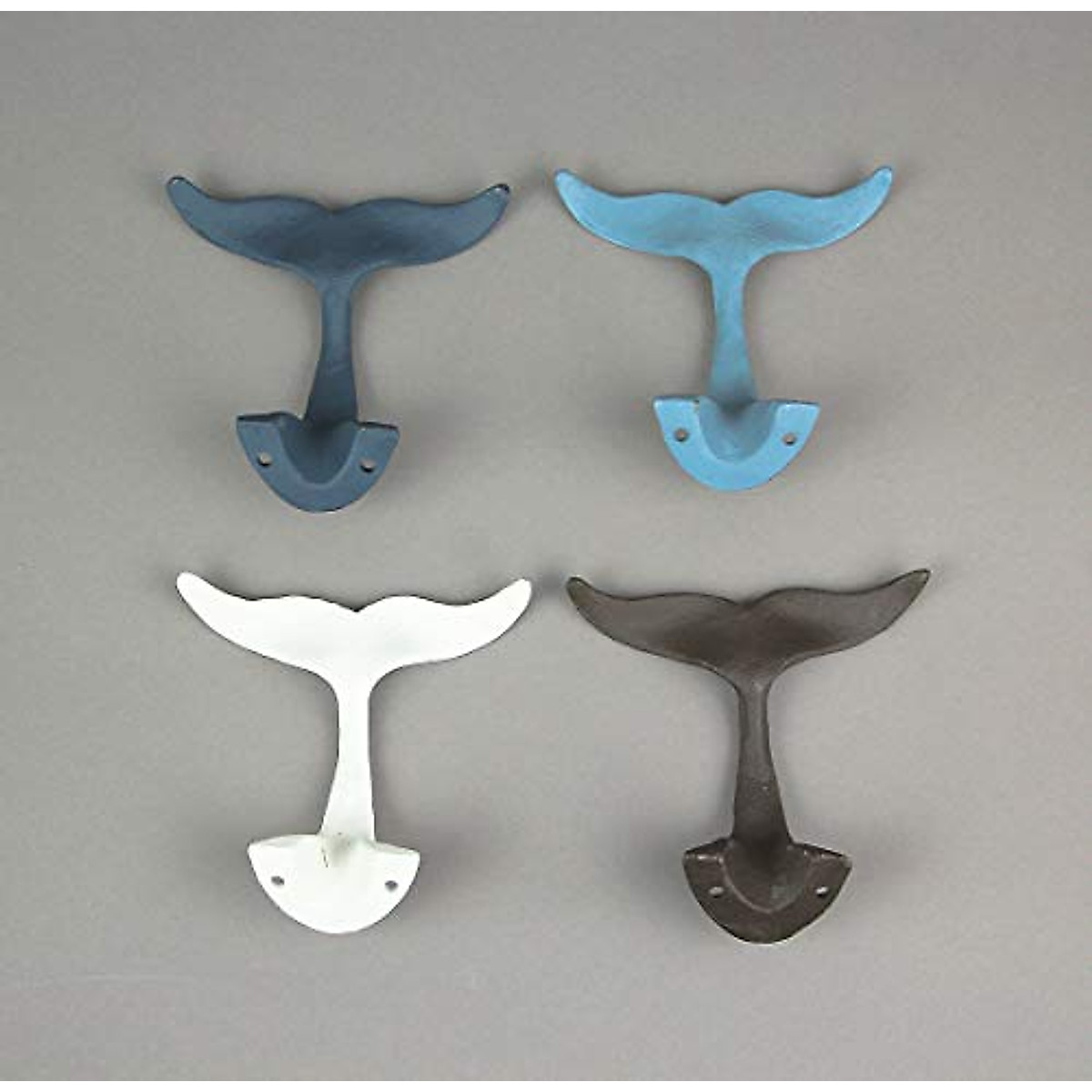 Zeckos Set of 4 Colorful Cast Iron Whale Tail Wall Hooks Decorative Coastal Metal Hangers