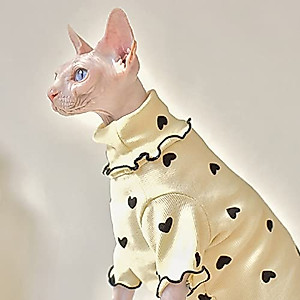 DENTRUN Turtleneck Heart Pattern Sphynx Hairless Cats Shirt, Kitten T-Shirts with Perlin Sleeves, Breathable Cat Wear Cute Sweater Adorable Hairless Cat's Clothes Vest Pajamas Jumpsuit, Beige