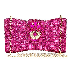 Chaliwini Hot Pink Purse Bow Flower Evening Bag Rhinestone Clutch Party Handbags For Women(Fuchsia)