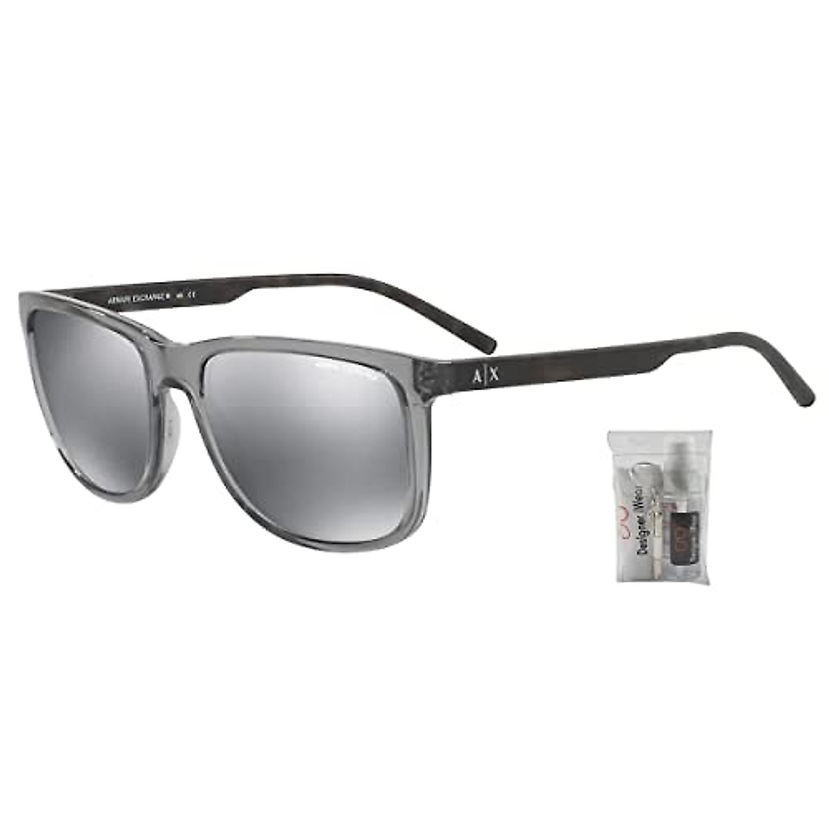 Armani Exchange AX4070S 82396G 57MM Shiny Grey/Mirror Black Pillow Sunglasses for Men + BUNDLE with Designer iWear Complimentary Care Kit