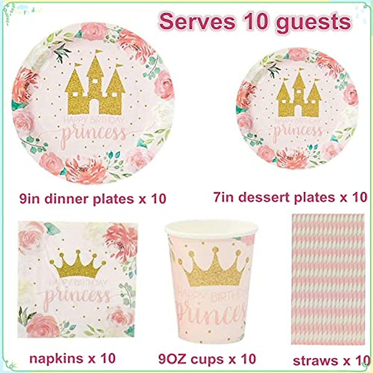 Princess Party Supplies-Princess Party Tableware Set Include Princess Castle Plates, Napkins, Cups Straws for Girls Princess Baby Shower Decorations Serves 10