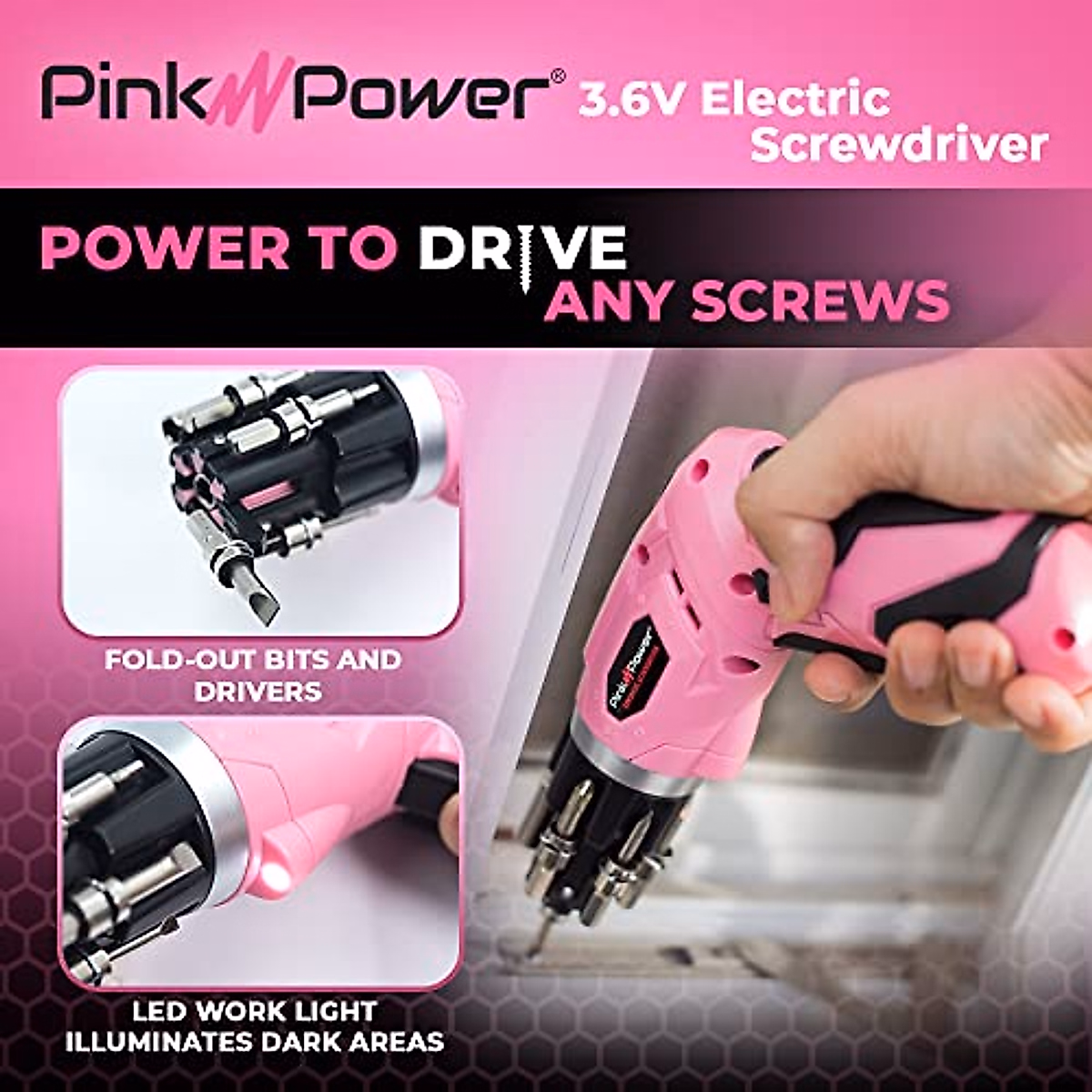 Pink Power 3.6 Volt Rechargeable Cordless Electric Screwdriver Set with Bubble Level - Pink Tool Set for Women Power Tools