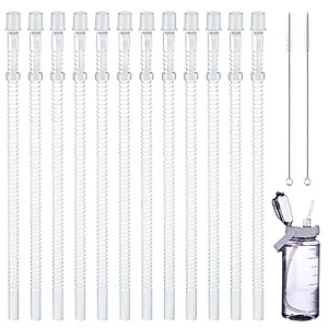 24 Pack Flexible Straws with Drinking Straw Caps Long Flexible Plastic Bendable Straws Flexible Reusable Straws with 2 Straw Cleaning Brushes for Jumbo Mugs Water Bottle (White, 15 Inch)