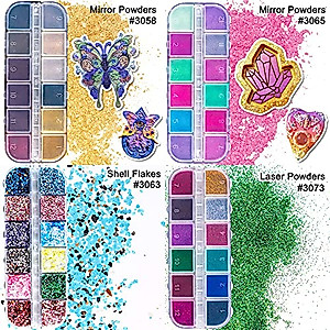 Iridescent Glitters, Holographic Sequins, Laser Flakes, Foil Chips, Beads, Mirror Chrome Pigment Powders, Resin Jewelry Making Kit Art Craft Supplies Pack of 22-Box 264 Designs