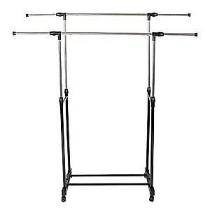 Simply-Me Clothes Garment Rack Rolling Portable Hanging Rack,Double Rail Adjustable Extendable Hanger Rail Stand Collapsible Clothing Rack Shelf with Lockable Wheel,Black & Silver