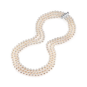 The Pearl Source Sterling Silver 7-8mm AAAA Quality Triple Strand White Freshwater Cultured Pearl Necklace for Women in 16-17-18" Princess Length