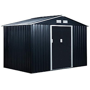 Outsunny 9' x 6' Outdoor Storage Shed, Garden Tool House with Foundation, 4 Vents and 2 Easy Sliding Doors for Backyard, Patio, Garage, Lawn, Dark Gray