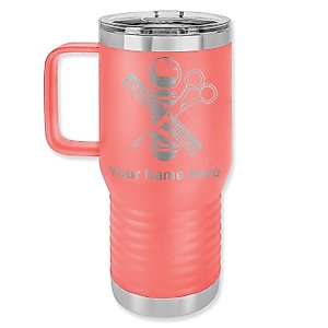 LaserGram 20oz Vacuum Insulated Travel Mug with Handle, Barber Shop Pole, Personalized Engraving Included (Coral)