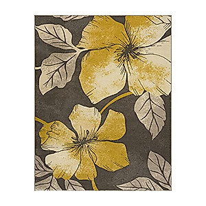 CAMILSON Solana Modern Floral 5'3" x 7' Area Rugs Non-Skid (Non-Slip) Rubber Backing Yellow - Brown Flowers Indoor Rug (5x7, Yellow Brown)
