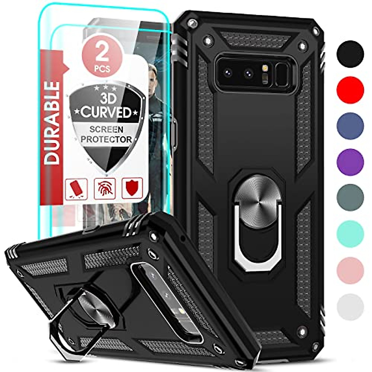 LeYi for Note 8 Phone Case, Samsung Galaxy Note 8 Case with [2 Pack] 3D Curved Screen Protector, [Military-Grade] Magnetic Metal Ring Holder Kickstand Protective Phone Case for Samsung Note 8, Black