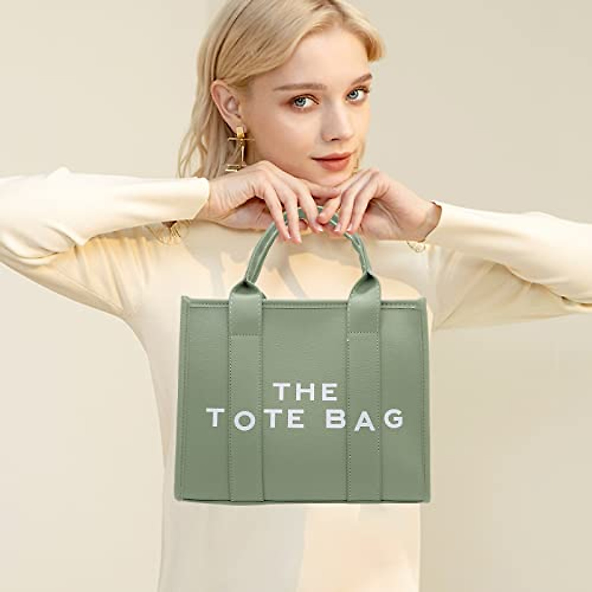 Women's The Tote Bag, PU Leather Tote Bag, Shoulder, Crossbody or Handle Bag for Work, School (10.2X4.2X8.5in) (Light green)