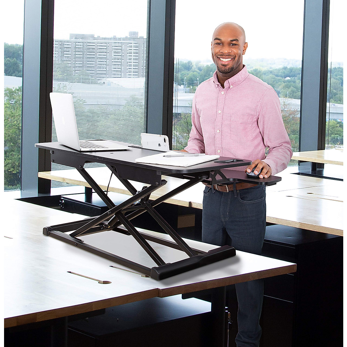 Flexpro Hero 37 Inch Standing Desk | 2 Level Standing Desk Converter with Keyboard Shelf and Monitor Riser | Large Dual Level Sit to Stand Workspace | Easily Sit or Stand in Seconds! (Black / 37")