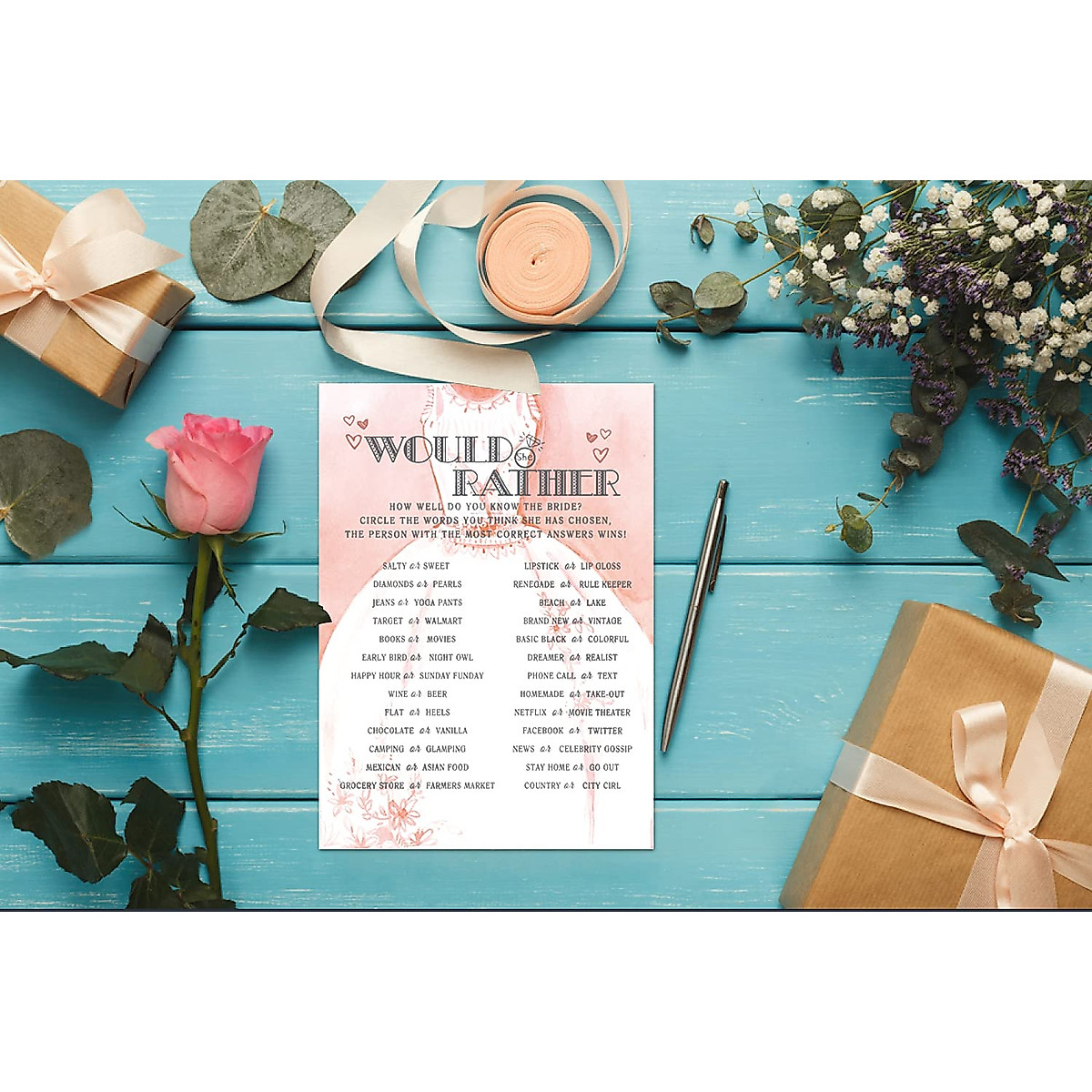 Jusitakeet Bridal Shower Games, Wedding Party Games, (Would She Rather), Bridal Shower Decorations, Gift – 30 Cards per Set (Suit010)