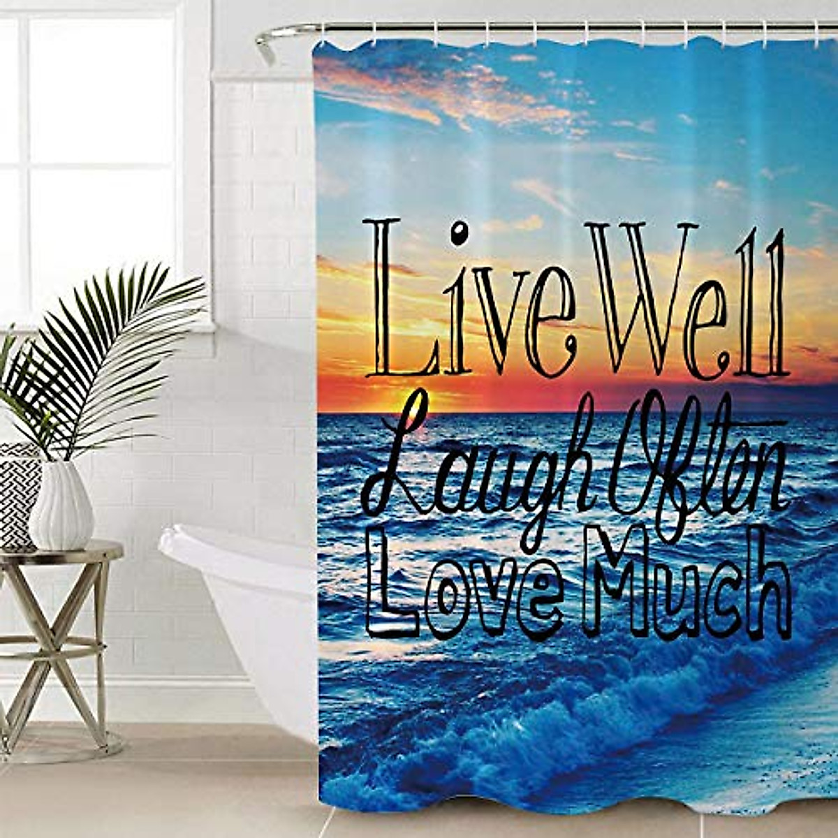 4 Pcs Shower Curtain Sets with Rugs Live Well Laugh Often Love Much Non-Slip Soft Toilet Lid Cover for Bathroom Beach Sunset Bathroom Sets with Bath Mat and 12 Hooks