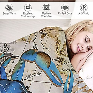 Crab Oversized Plush Blanket, Marine Animals Nautical Blue map of Coastal Life Sailing on The sea, Ultra Soft and Comfortable Micro-Fleece Blanket for Sofa or Bedroom, 50" x 60"