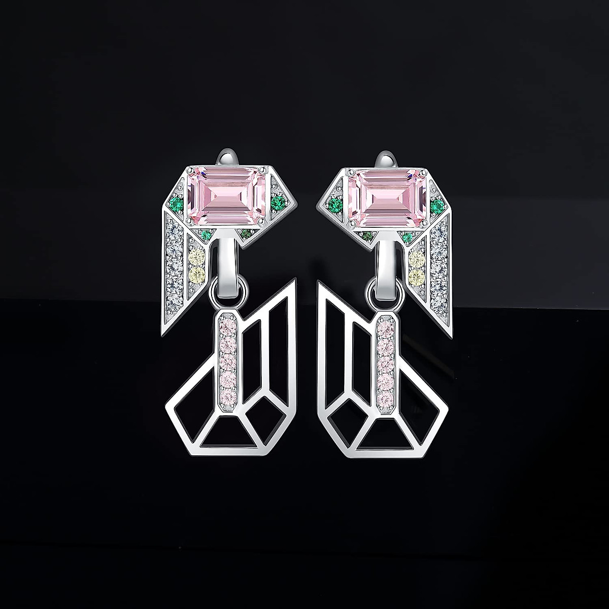 JewelryPalace Emerald Cut 6.3ct Pink Cubic Zirconia Dangle Earrings for Women, Openable geometric 925 Sterling Silver 14k Gold Plated Earrings for Her, Art Deco Gemstones Jewelry Sets for Women