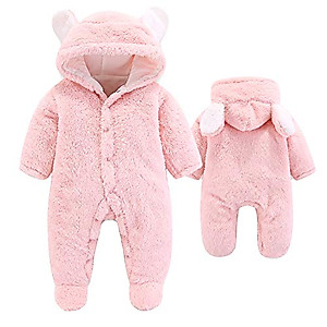 VNVNE Newborn Baby Cartoon Bear Snowsuit Warm Fleece Hooded Romper Jumpsuit (Pink,0-3 Month)