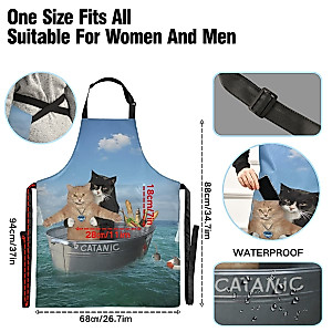 RunningBear Cat Titanic Bib Apron Waterproof Funny Apron for Restaurant, Salon, Cafe, Kitchen with Adjustable Straps Large Pocket for Women Men Chef