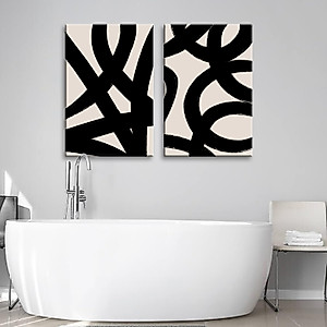 Framed Abstract Wall Art Canvas Set Lines Pictures Modern Mid Century Boho Wall Decor Minimalist Abstract Black Stroke Lines Canvas Painting Artwork Living Room Bedroom Home Office 16"x24"x2