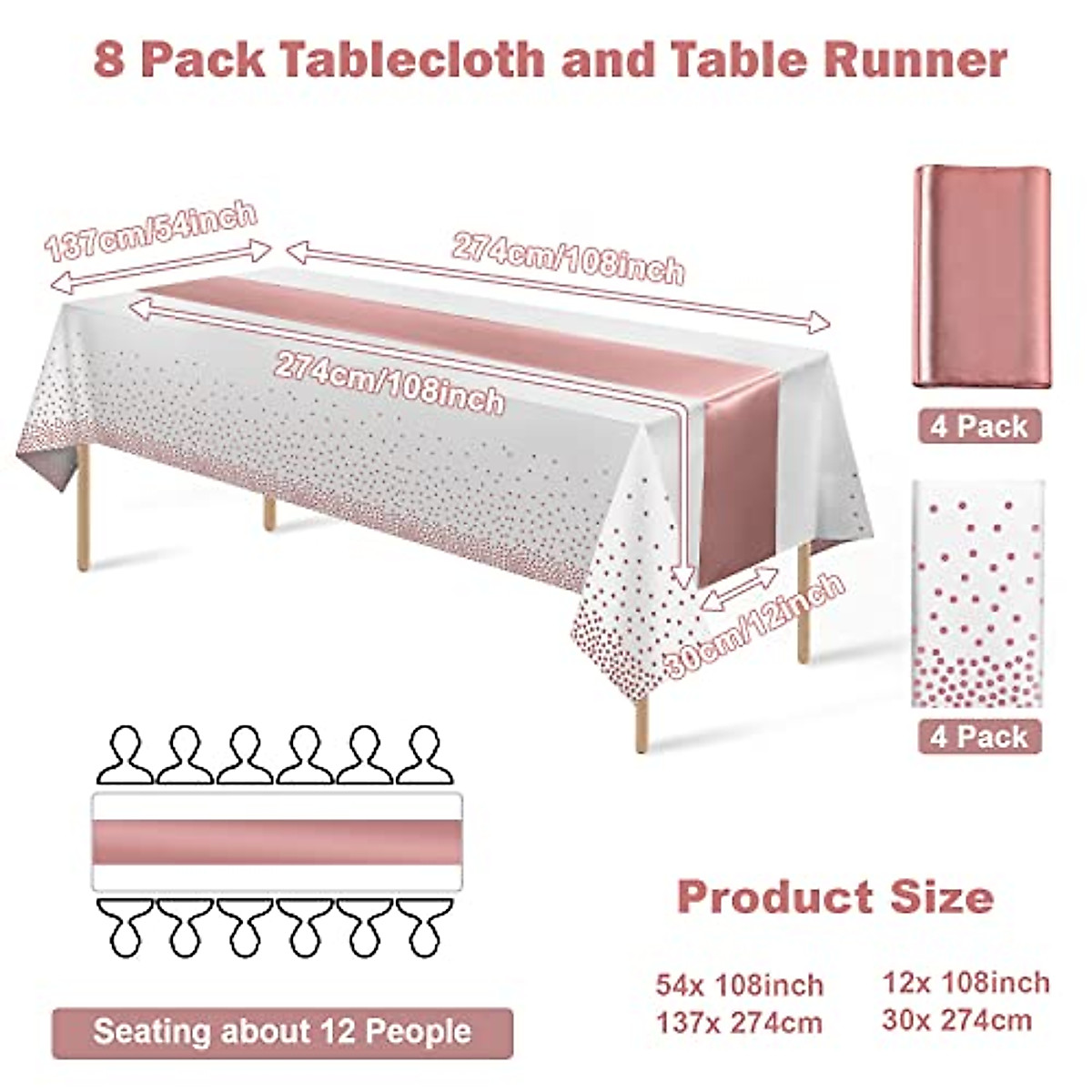 8Pack Disposable Plastic Tablecloths and Satin Table Runner Set White and Rose Gold Dot Tablecloth Rose Gold Satin Table Runner for Wedding Birthday Anniversary Christmas New Year Party Decorations