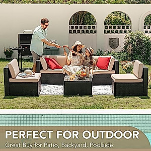 Devoko Patio Furniture Sets 6 Pieces Outdoor Sectional Rattan Sofa Manual Weaving Wicker Patio Conversation Set with Glass Table and Cushion (Beige)