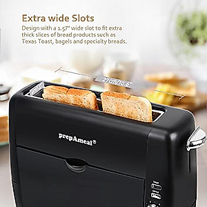 prepAmeal Long Slot Toaster 2 Slice Toaster with 6 Shade Settings, Bagel/Cancel, Extra Wide Slots, Removable Crumb Tray, for Bagels, Waffles, Breads, Puff Pastry, Snacks (2-Slice, Black)