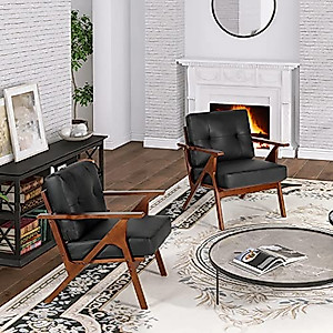 AODAILIHB Mid Century Modern Accent Chair, Retro Wood and Leather Armchairs, Vintage Reading Side Chair Comfy Accent Sofa for Living Room, Bedroom, Studio, Office (1, Black)
