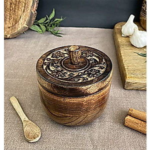 Rustic Salt Box Cellar with Hand Carved Lid & Spoon, Wooden Salt Pinch Bowls | Wood Salt Keeper, Spice Bowls for Cooking | Salt Pepper Tea Sugar Coffee Storage Holder for Kitchen, Mothers Day Gift