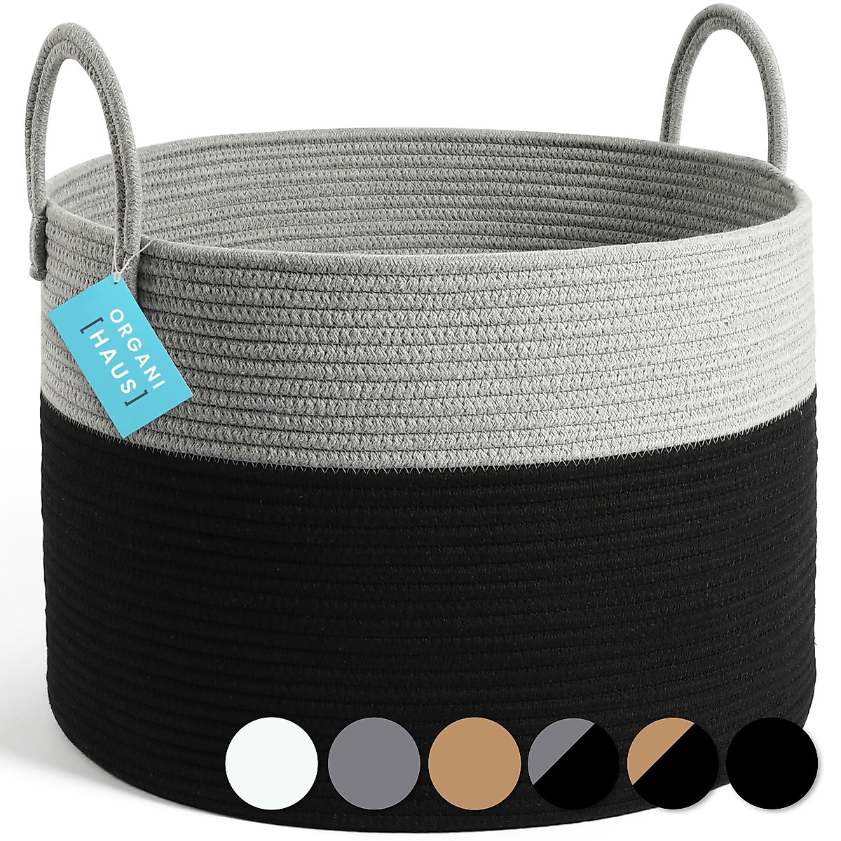 OrganiHaus Gray & Black Throw Blanket Basket for Living Room 20x13, Large Woven Baskets for Storage, Cotton Rope Baskets with Handles, Big Nursery Laundry Basket, Blanket Bin & Pillow Basket